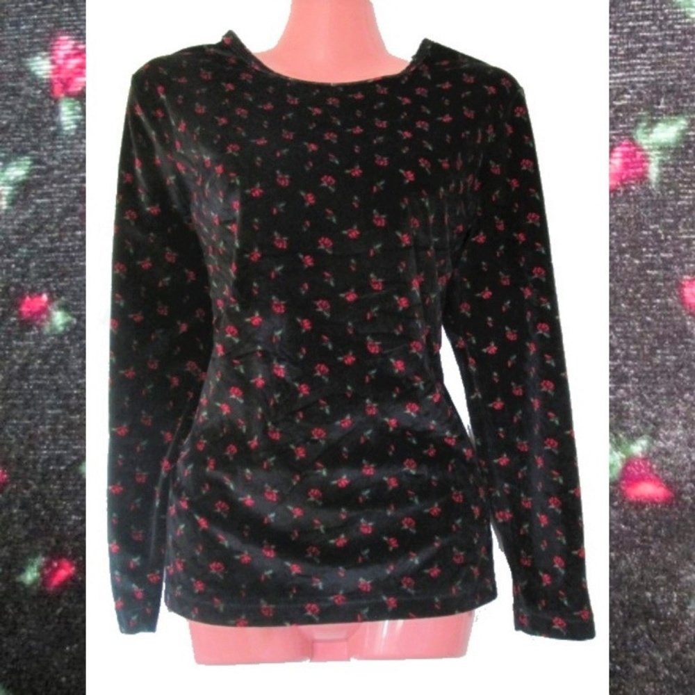 1990 Vintage Black Velvet Floral Grunge Top Medium - Gem